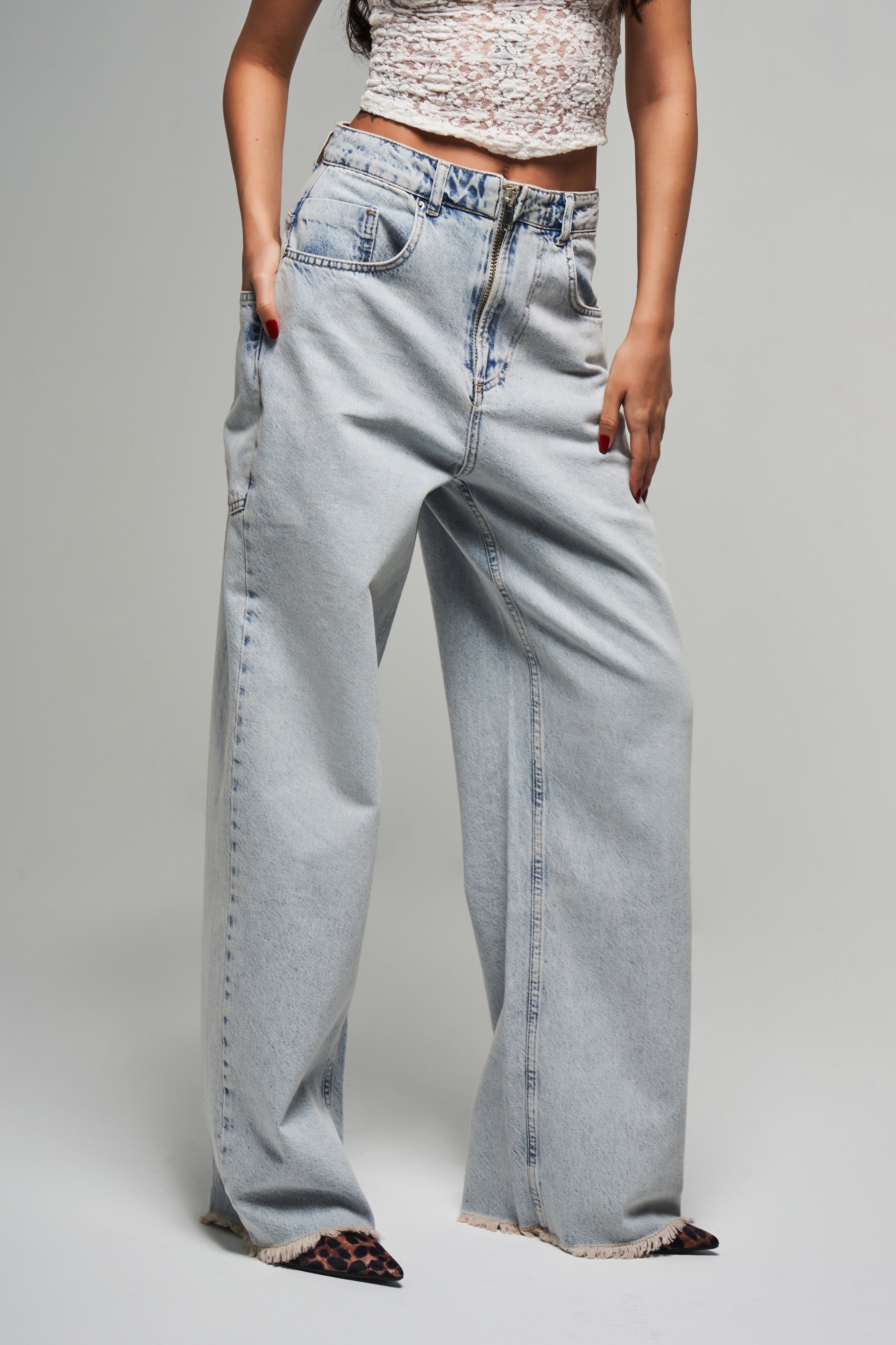 Routines Zipper Baggy Jeans - Washed Blue 3842 – Routines Fashion